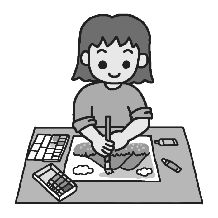 図工・絵画モノクロ授業風景の無料イラスト学校生活学校素材