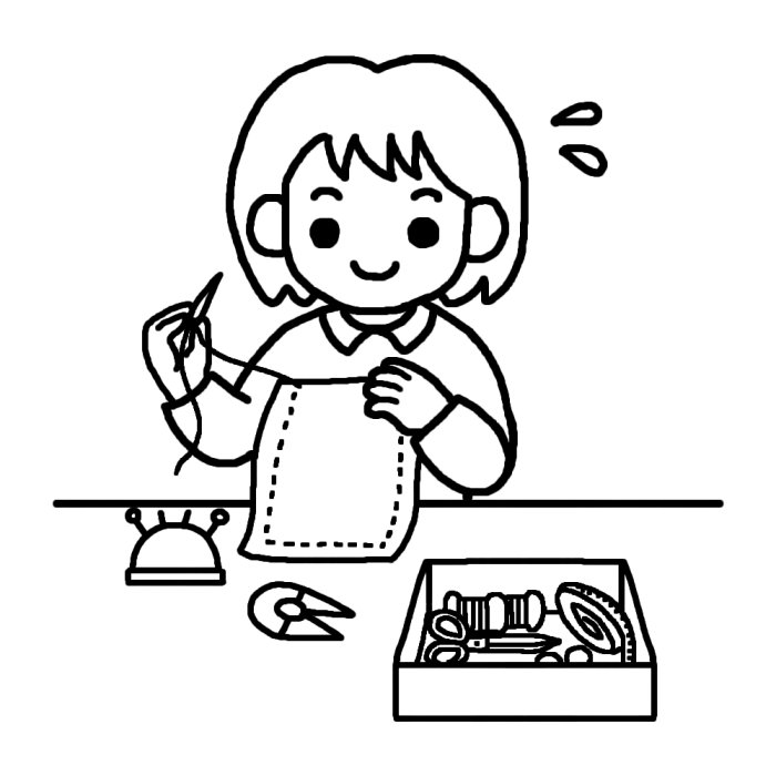 家庭科・裁縫白黒授業風景の無料イラスト学校生活学校素材