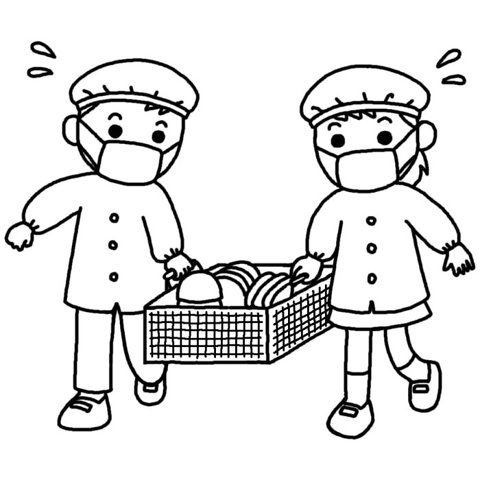 給食当番2白黒給食の無料イラスト生活学校素材
